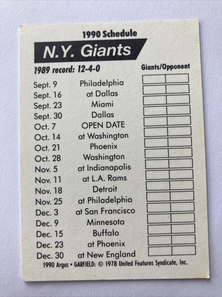 NFL 1990 New York Giants Garfield Argus Football Schedule Card | eBay