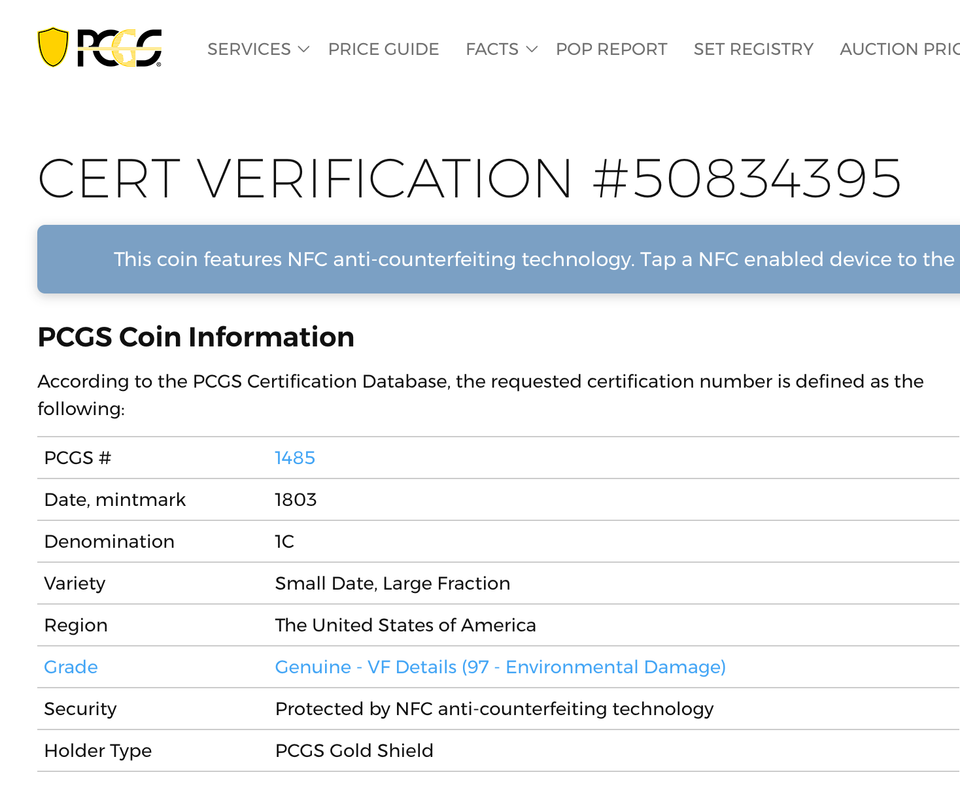 1803 PCGS VF Small Date, Large Fraction - $840 PCGS Price Guide ...