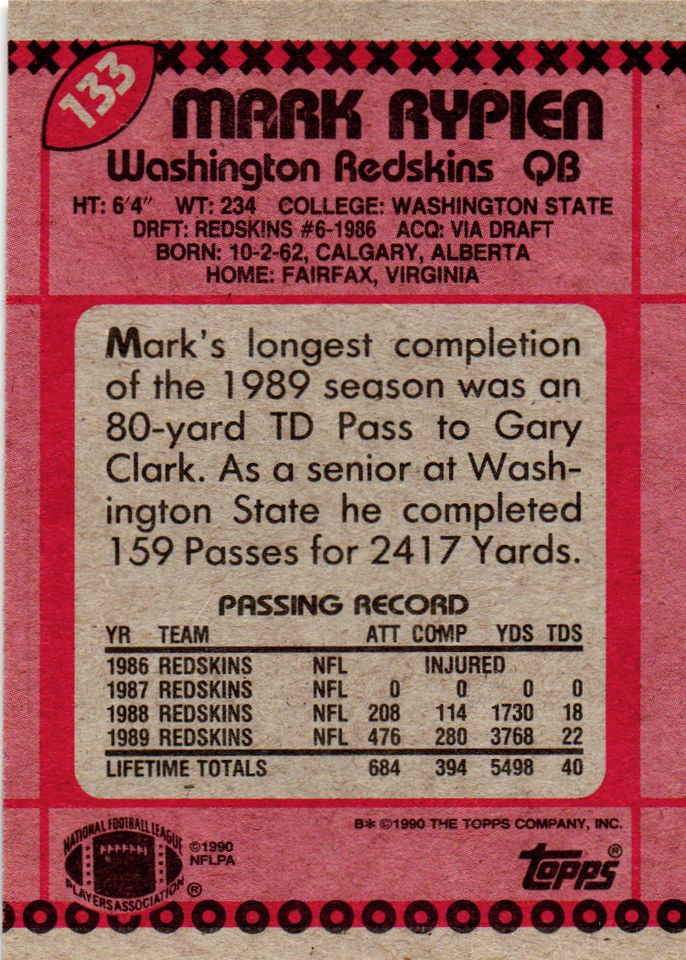 1990 Topps Mark Rypien Washington Redskins #133 | eBay