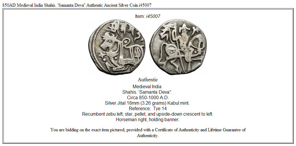850AD Medieval India Shahis. 'Samanta Deva" Authentic Ancient Silver ...
