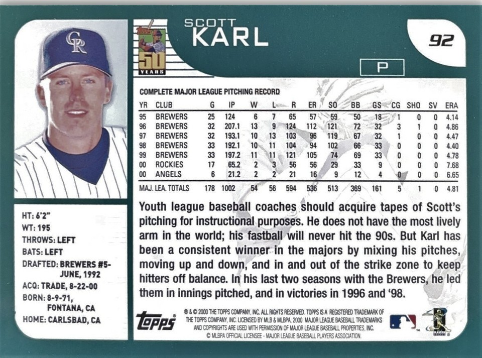 2001 Topps 50 Years #92 Scott Karl - Colorado Rockies - Baseball Card ...