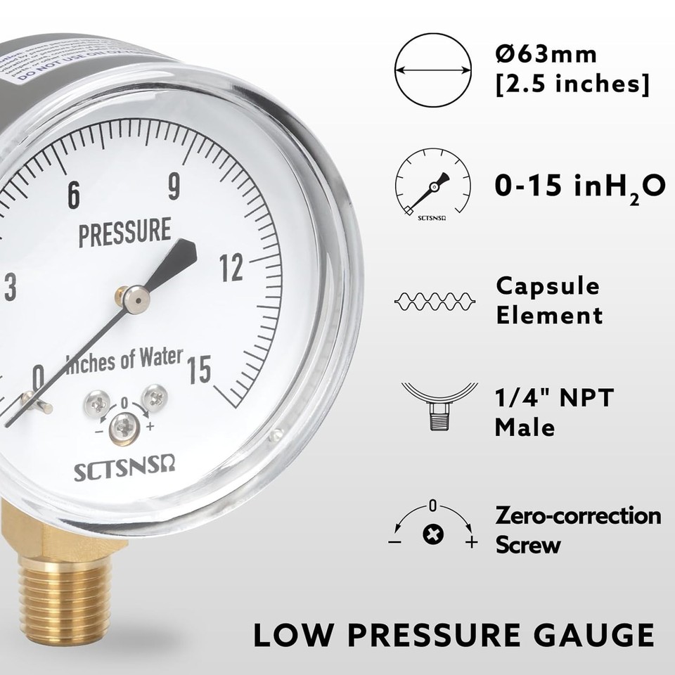 0 to 15 Inches of Water Column Pressure Gauge, Capsule Measurement 0-15 ...