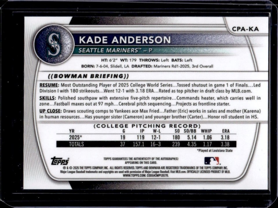 2025 Bowman Draft Kade Anderson Chrome Auto 1st Prospect #CPA-KA ...