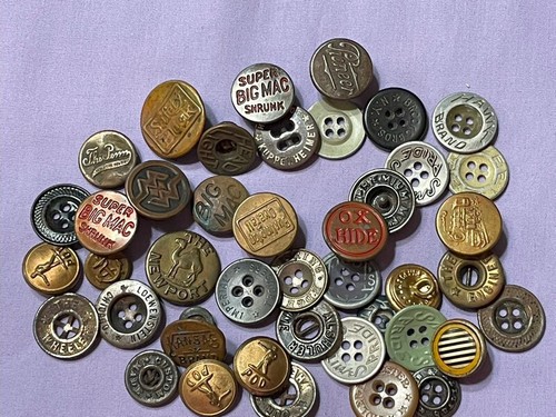 42 ANTIQUE WORK VERBAL BUTTONS BRASS ZINC BUTTONS RAILROAD OVERALLS ...