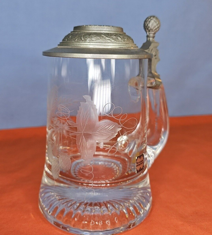 Vintage Beer Stein Etched Crystal Tankard w/Pewter Lid Kristallglas ...