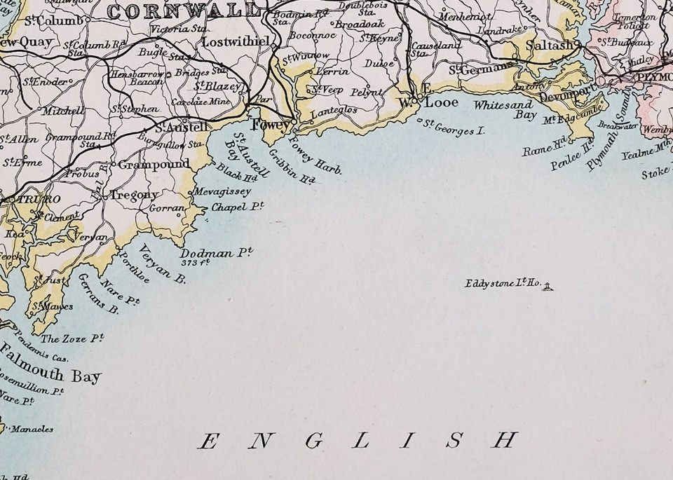 1894 MAP SOUTH WEST ENGLAND CORNWALL SCILLY ISLES FALMOUTH HELSTON ...