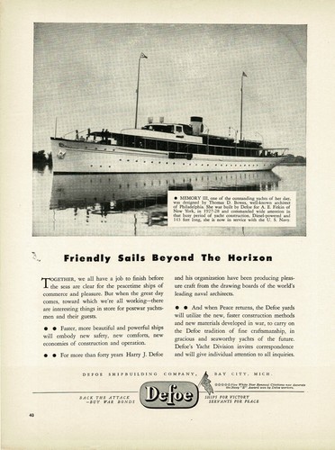 1945 DEFOE Shipbuilding 143' Motor Yacht "Memory III" Vintage Print Ad ...
