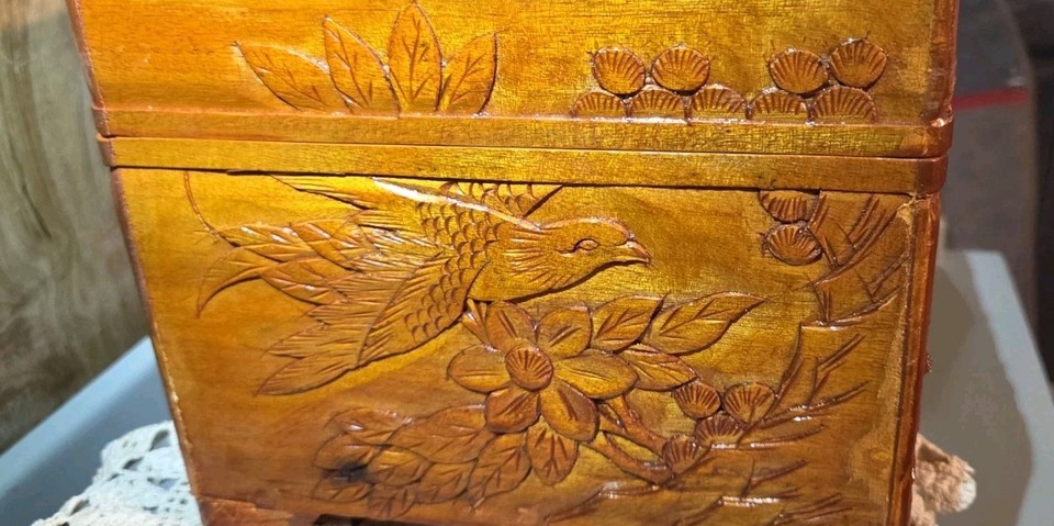 Asian Hand Carved Camphor Wood Box Birds and Flowers Vintage | eBay