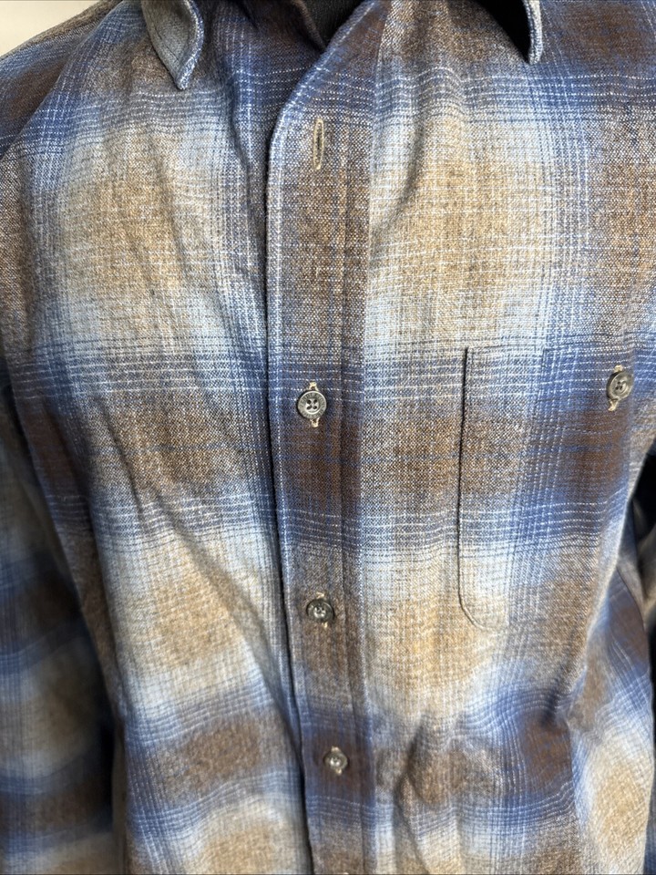 Pendleton Blue/Gray Plaid TRAIL Shirt Virgin Wool Size M Fitted ELBOW ...