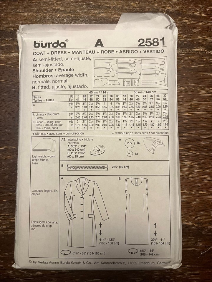Burda 2581 UNCUT Sewing Pattern, Misses' Coat & Dress, Size 18-30 | eBay