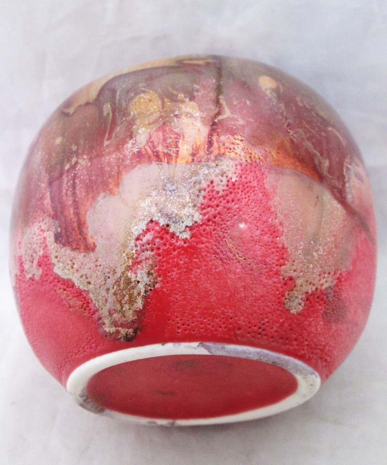 STUDIO POTTERY PORCELAIN GINGER JAR, RED/GREEN GOLD LUSTRE GLOSS GLAZES ...