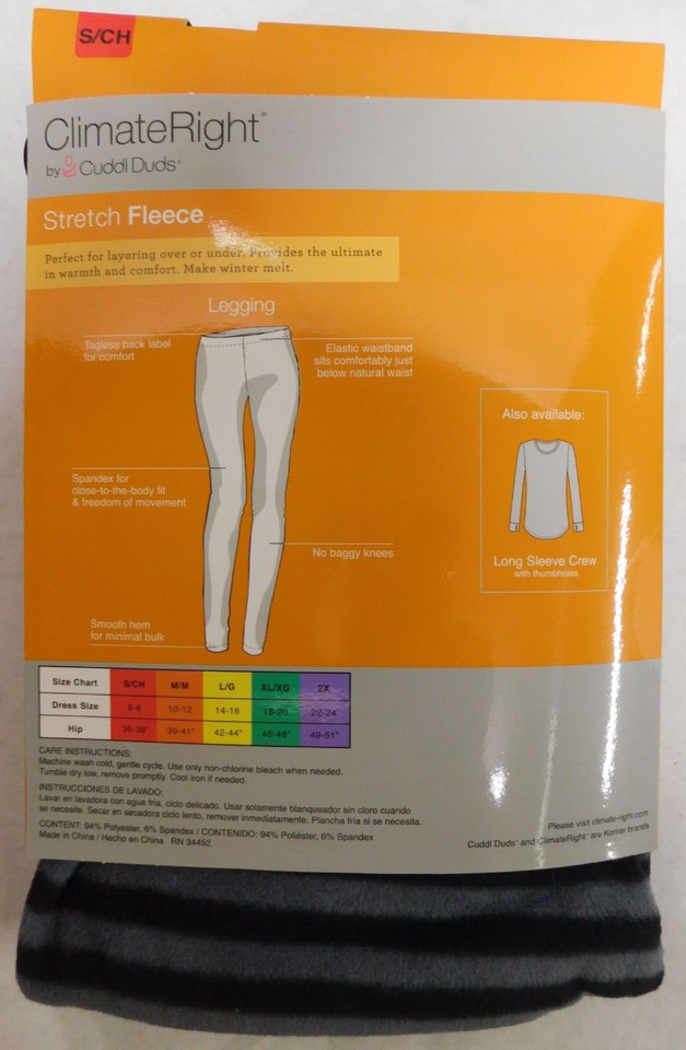 CLIMATE RIGHT BY CUDDL DUDS SMALL LEGGING WARM UNDERWEAR-STRETCH FLEECE ...