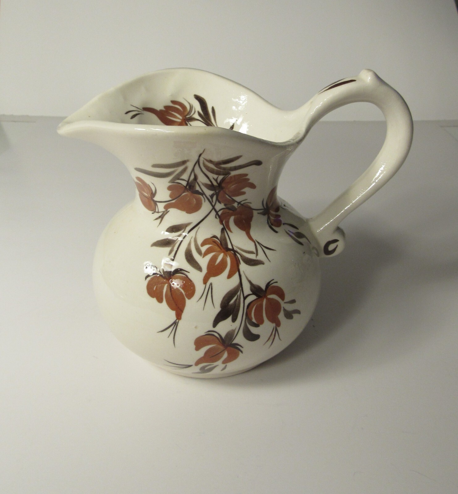 Cash Family Hand Painted Pitcher, 6" Rounded Pitcher Brown Flowers ...