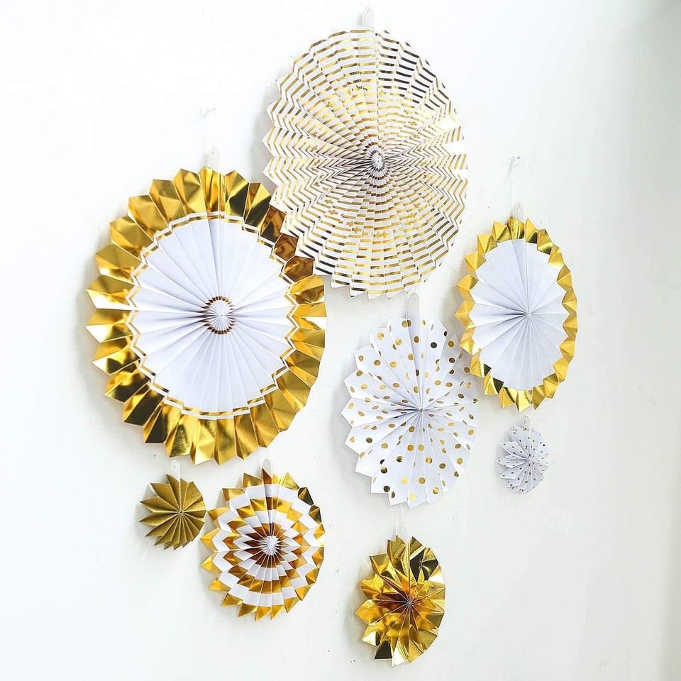 8 WHITE and GOLD Assorted Paper Fans Wall Backdrop Wedding Decorations ...