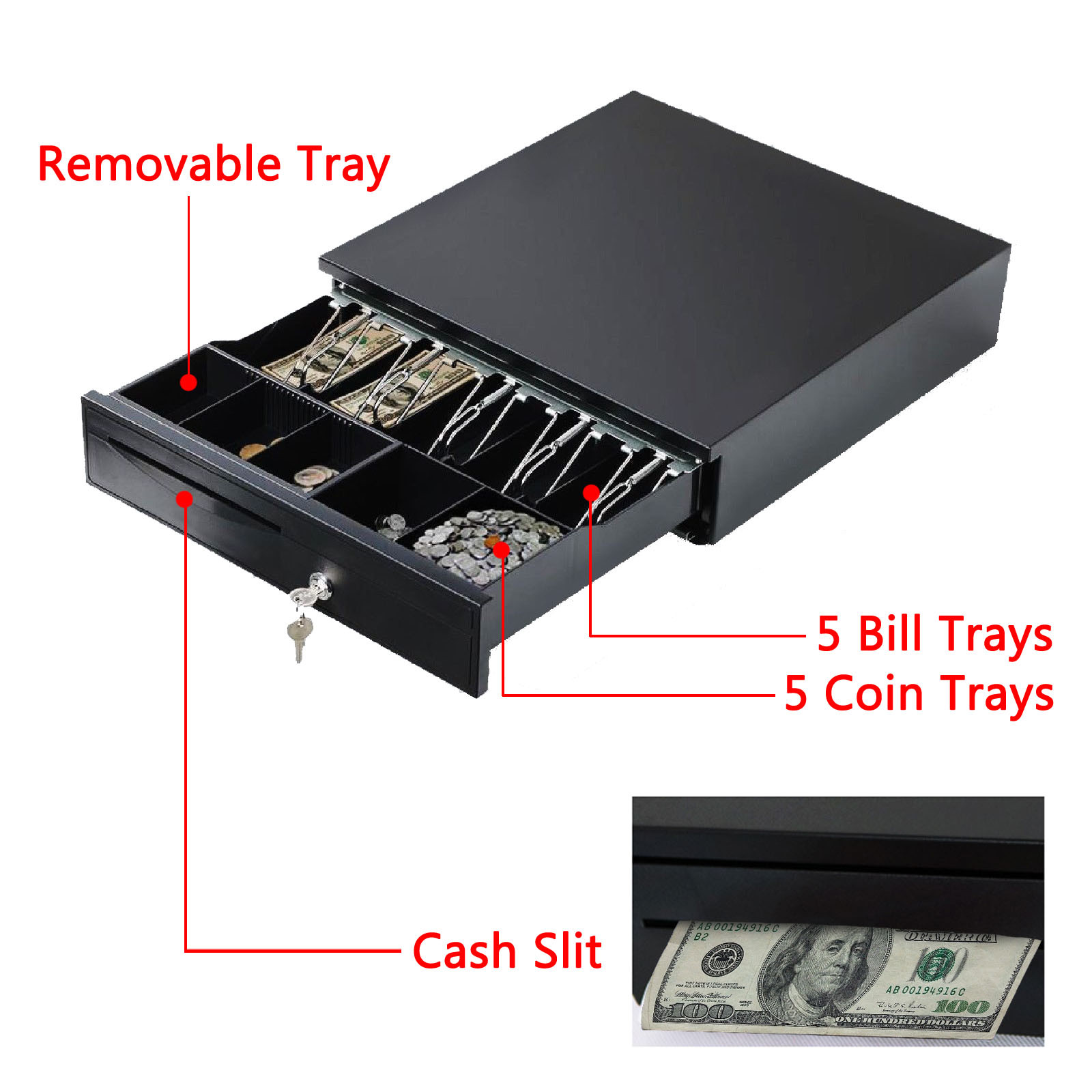 Cash Drawer Register Heavy Duty Removable Cash Tray Till Draw 5 Bills 5 ...