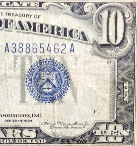1934 $10 "Blue TEN" SILVER Certificate X5462 FINE! Old US Paper Money ...