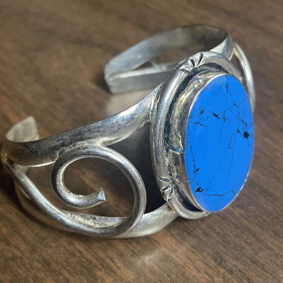 Vintage Southwestern Sterling Silver Turquoise Cabochon Cuff Bracelet ...