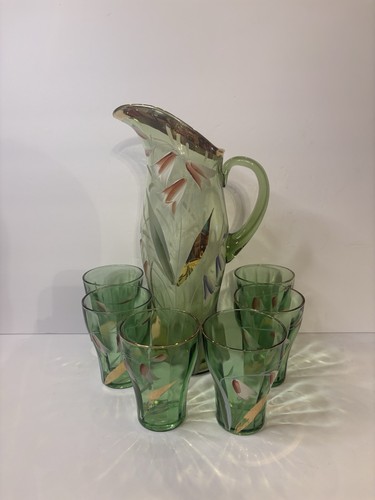 Victorian Early 20th Century Green Glass Floral Hand Painted Lemonade ...