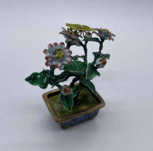 VINTAGE CHINESE METAL GUILLOCHE ENAMEL BONSAI TREE & FLOWERS with ...