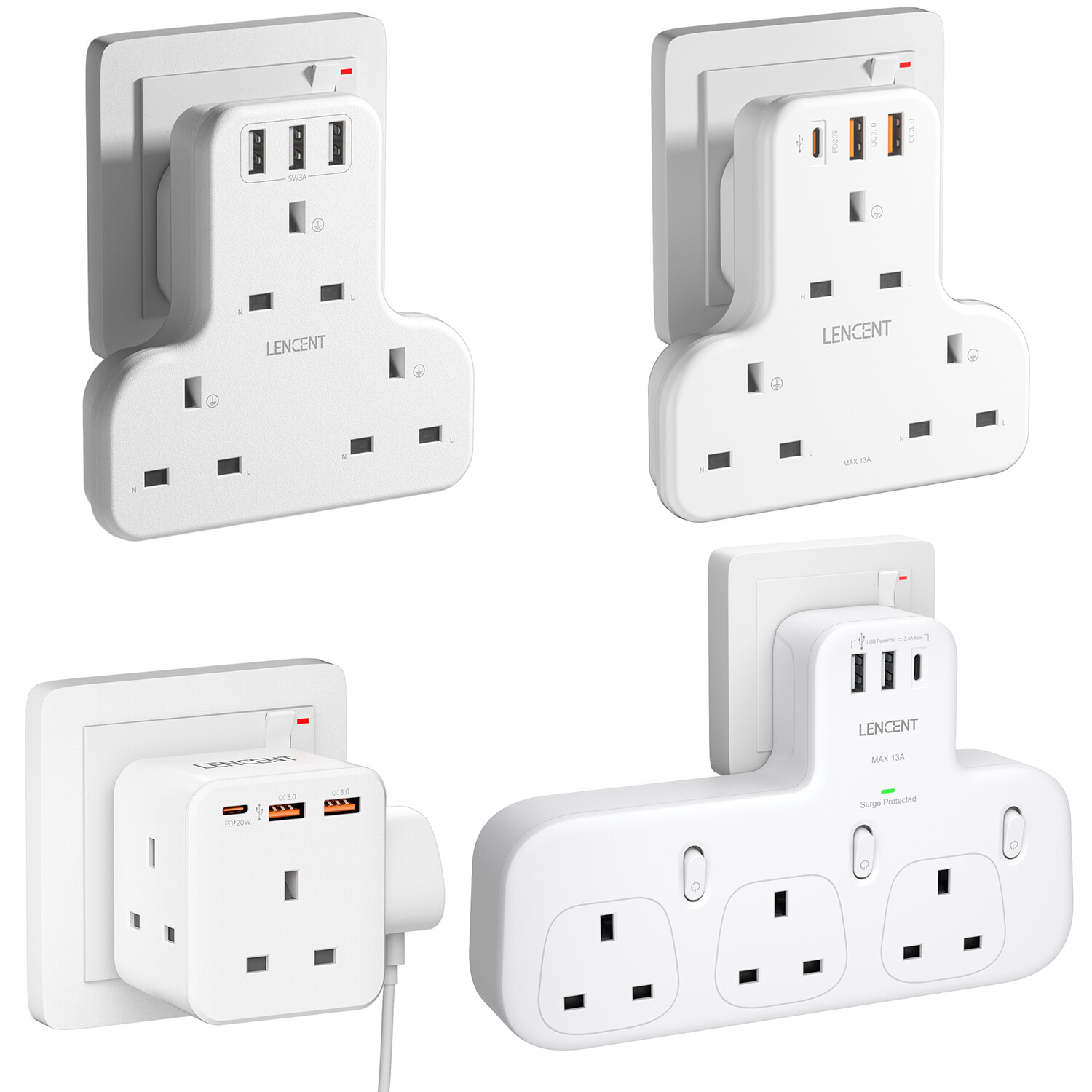 LENCENT 3 Way Extension Plug Adapter UK Wall Power Socket with 3 USB ...
