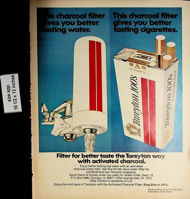 1972 Tareyton 100s Filter Charcoal Water Vintage Print Ad 5435 | eBay