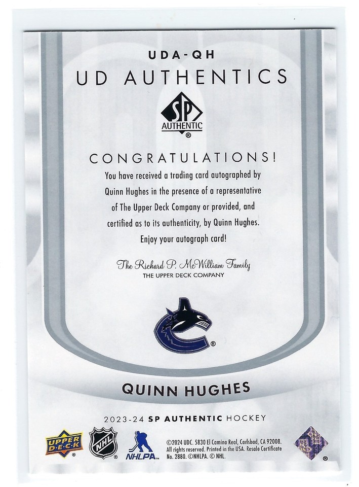 2023/24 UPPER DECK SP AUTHENTIC QUINN HUGHES AUTOGRAPH AUTO CARD #UDA ...