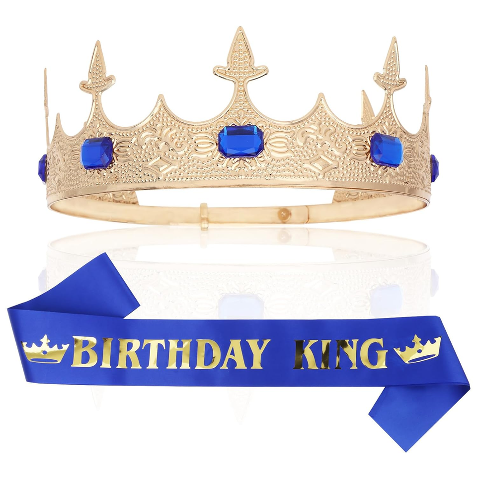 Amairver King Crown and Sash for Men - Gold Blue Kings Tiaras for ...