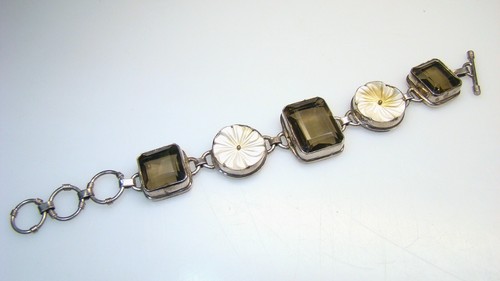 Heavy Sterling Carved MOP w Glass Topaz Color Stones Bracelet | eBay