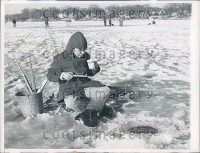 1958 Cute Cold Boy Fishing Through Ice at Fishoree Oconomowoc WI Press ...