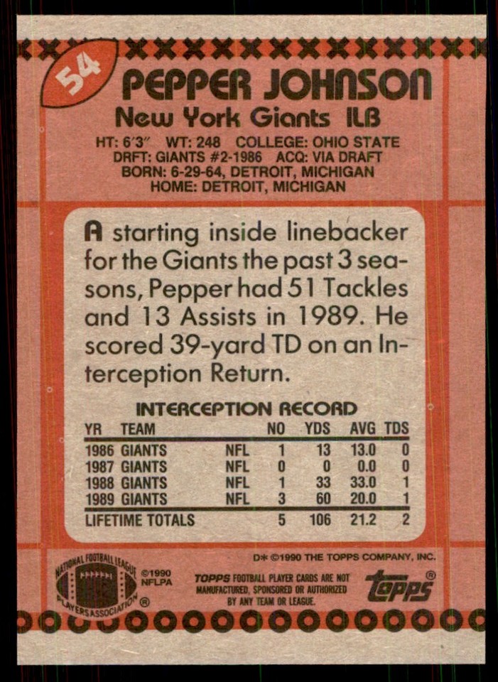 1990 Topps Pepper Johnson Football Cards #54 | eBay