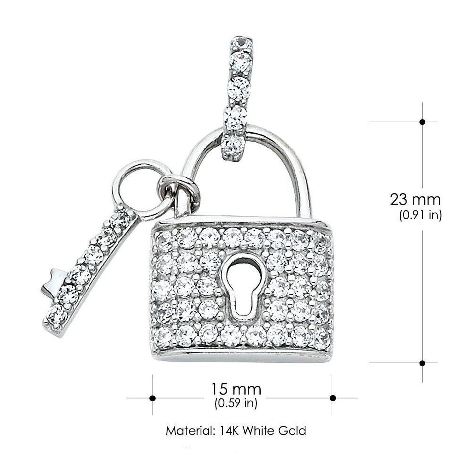 White Gold Lock Key Pave CZ Womens SMALL Pendant Charm For Necklace or ...