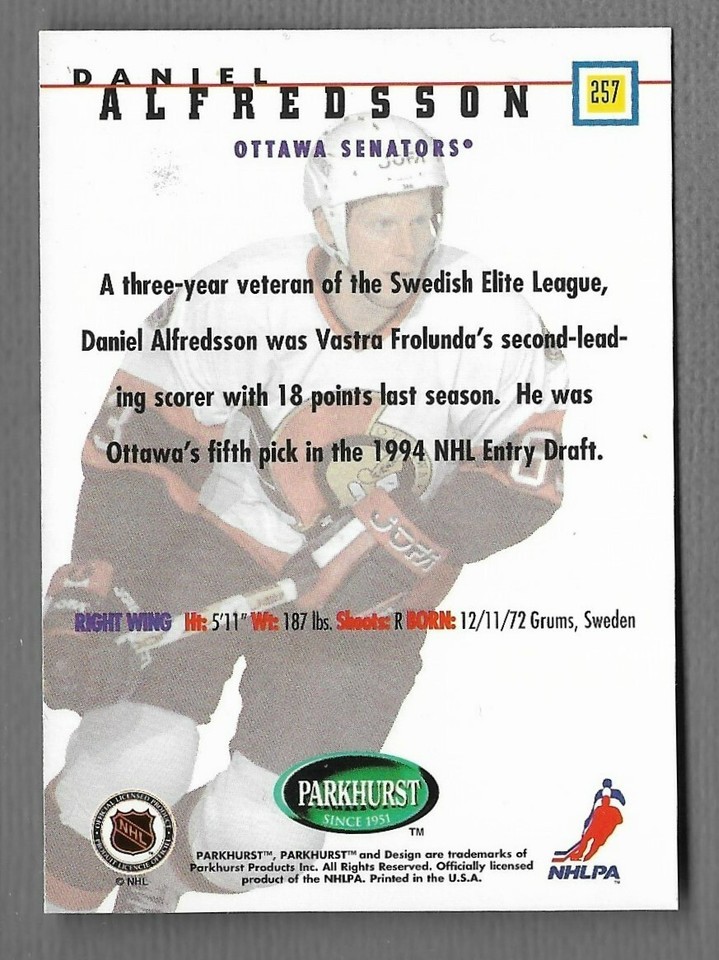 DANIEL ALFREDSSON 1995-96 PARKHURST HOCKEY ROOKIE RC CARD #257 | eBay