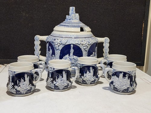 GERMAN WICK-WERKE RHINE CASTLES 4 LITER TUREEN/PUNCH BOWL AND 6 CUP SET ...
