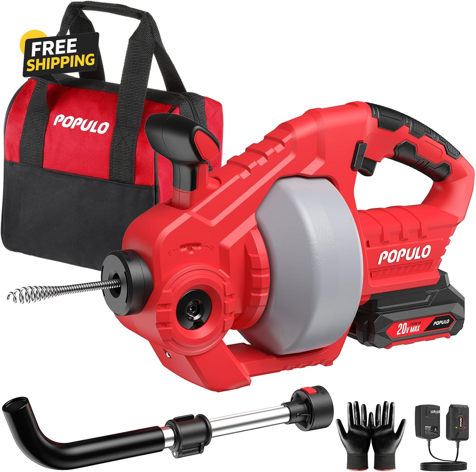 20V Cordless Electric Drain Snake, 25Ft Replaceable Cable with 2.0Ah ...