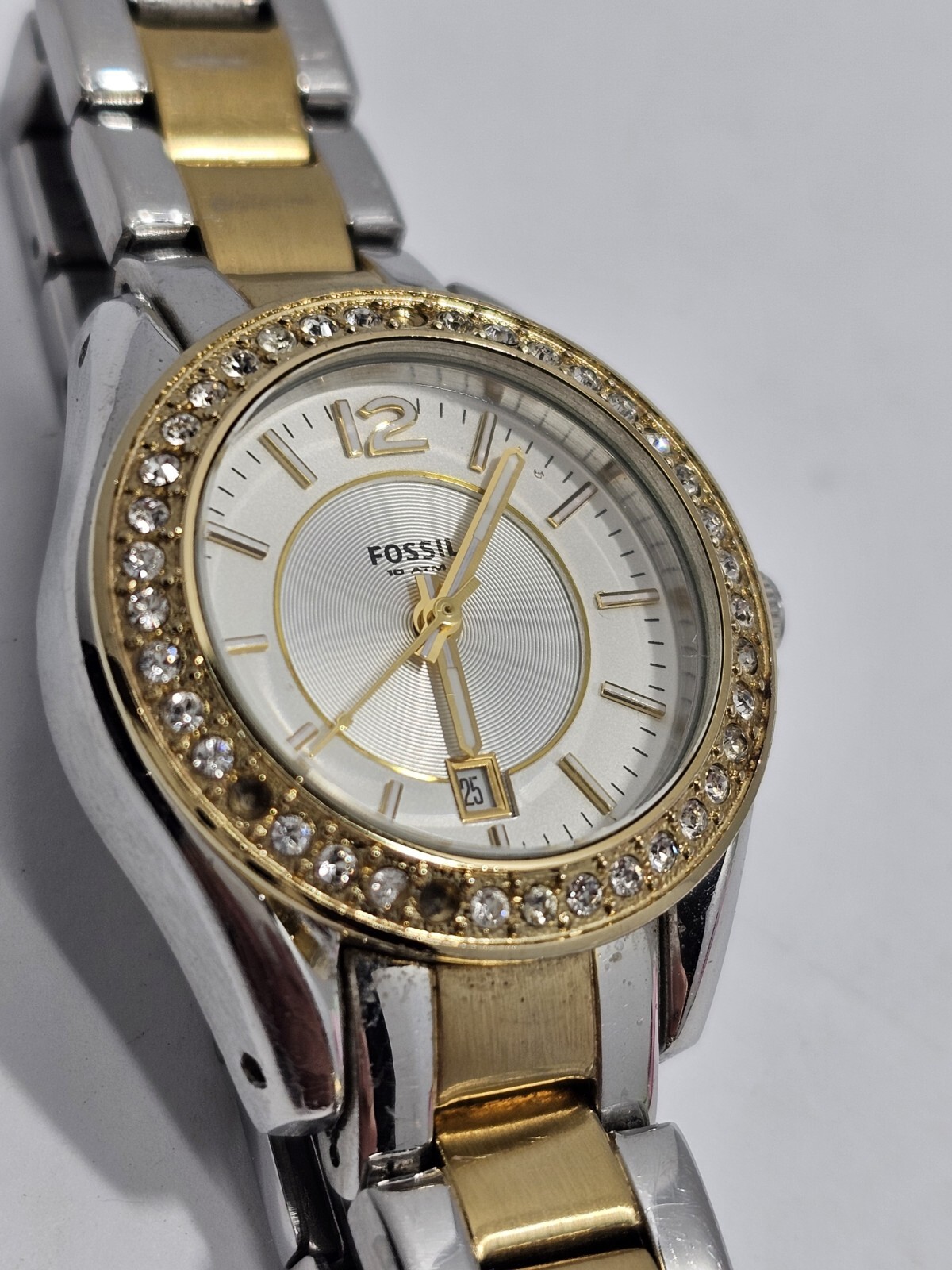 Ladies Silver Fossil Watch With Diamonds, Chunky Link Style, Bling Gold ...