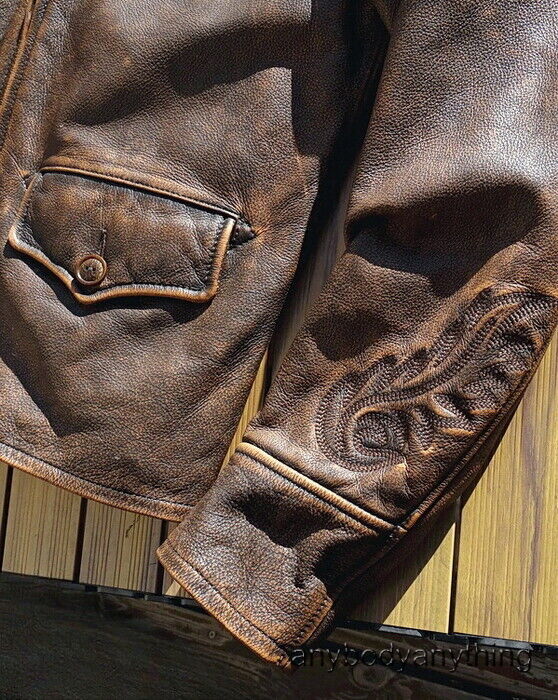 Mens Vintage Style Tea-core Calfskin Leather Jacket Embroidery Washed ...