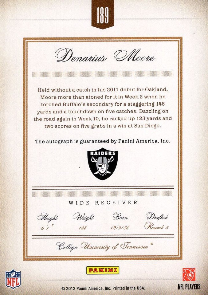 2011 Prime Signatures Autographs Platinum #189 Denarius Moore Auto /25 ...