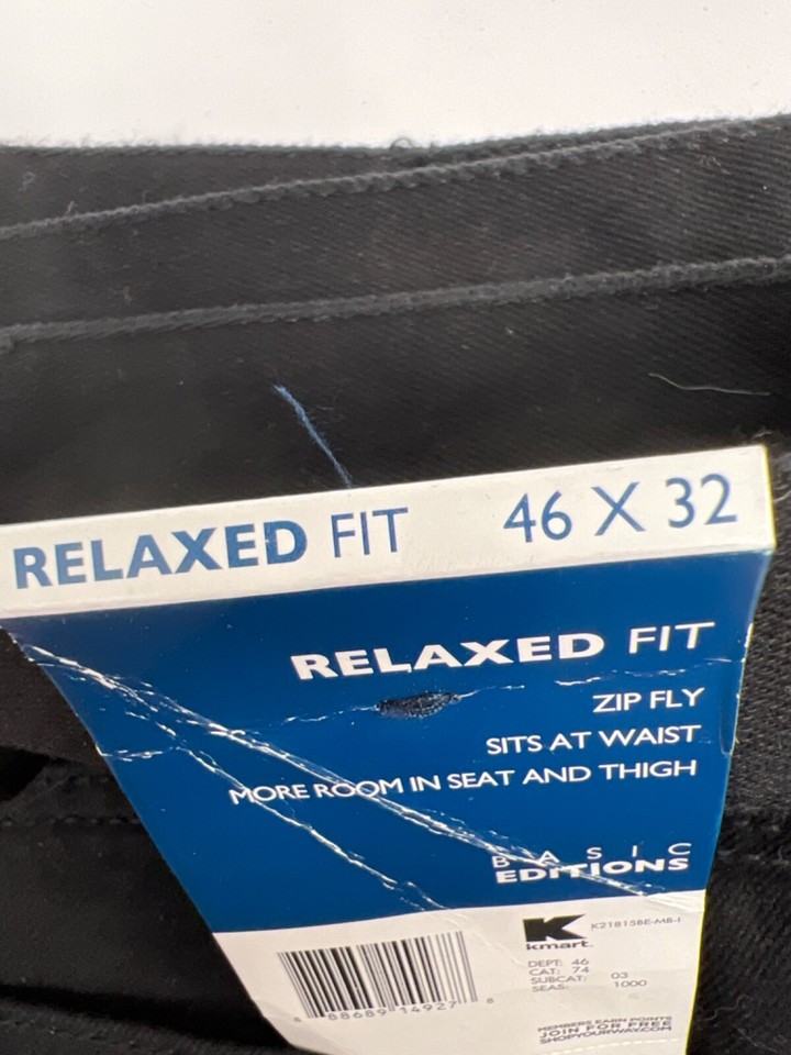 Kmart Basic Editions 46x32 Relaxed Fit Black Jeans 100% Cotton Denim ...