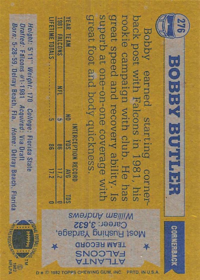 1982 Topps #276 Bobby Butler Falcons NM-MT (RC - Rookie Card) | eBay