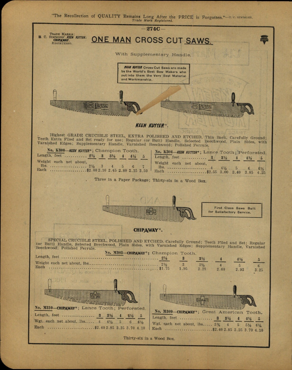 1908 PAPER AD 2 PG Keen Kutter Disston Atkins' Cross Cut Saw Chipaway ...
