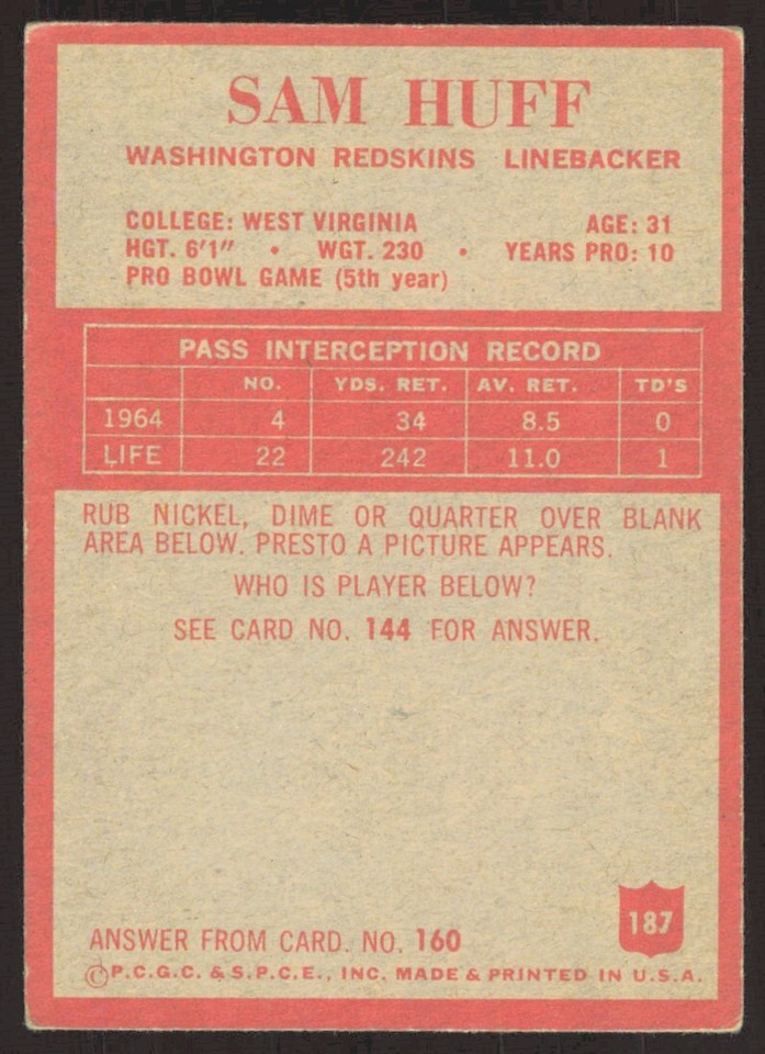 1965 Philadelphia Sam Huff Washington Redskins #187 | eBay