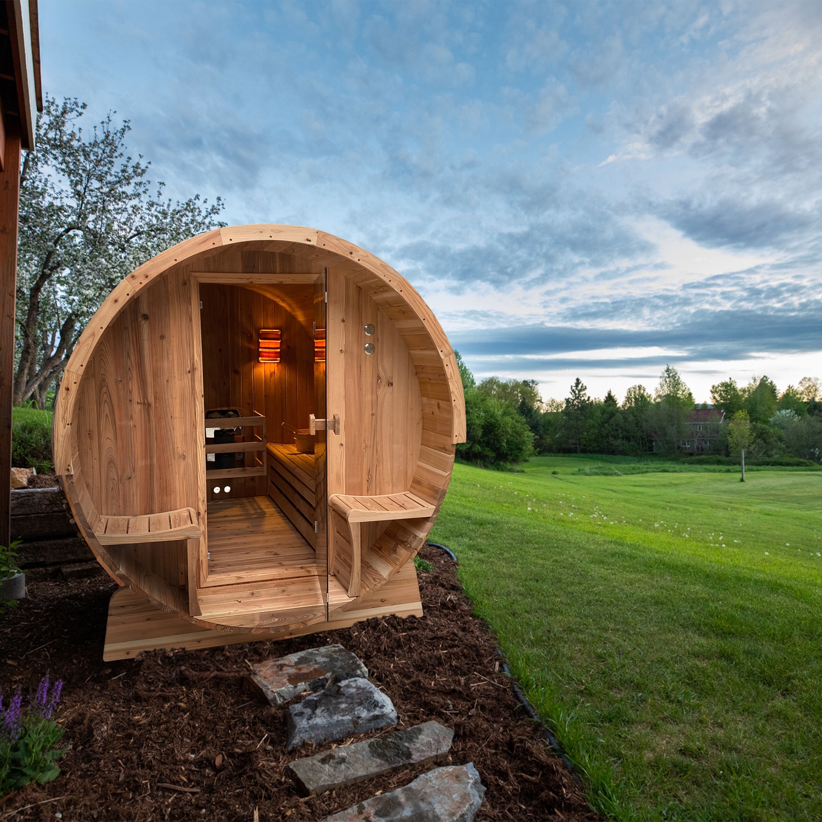 ALEKO Outdoor Steam Barrel Sauna 3-4 Prs Rustic Cedar Wood UL Certified ...
