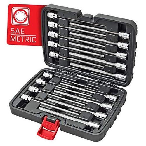 18 Piece Extra Long Hex (Allen) Bit Socket Set | SAE & Metric, S2 Steel ...