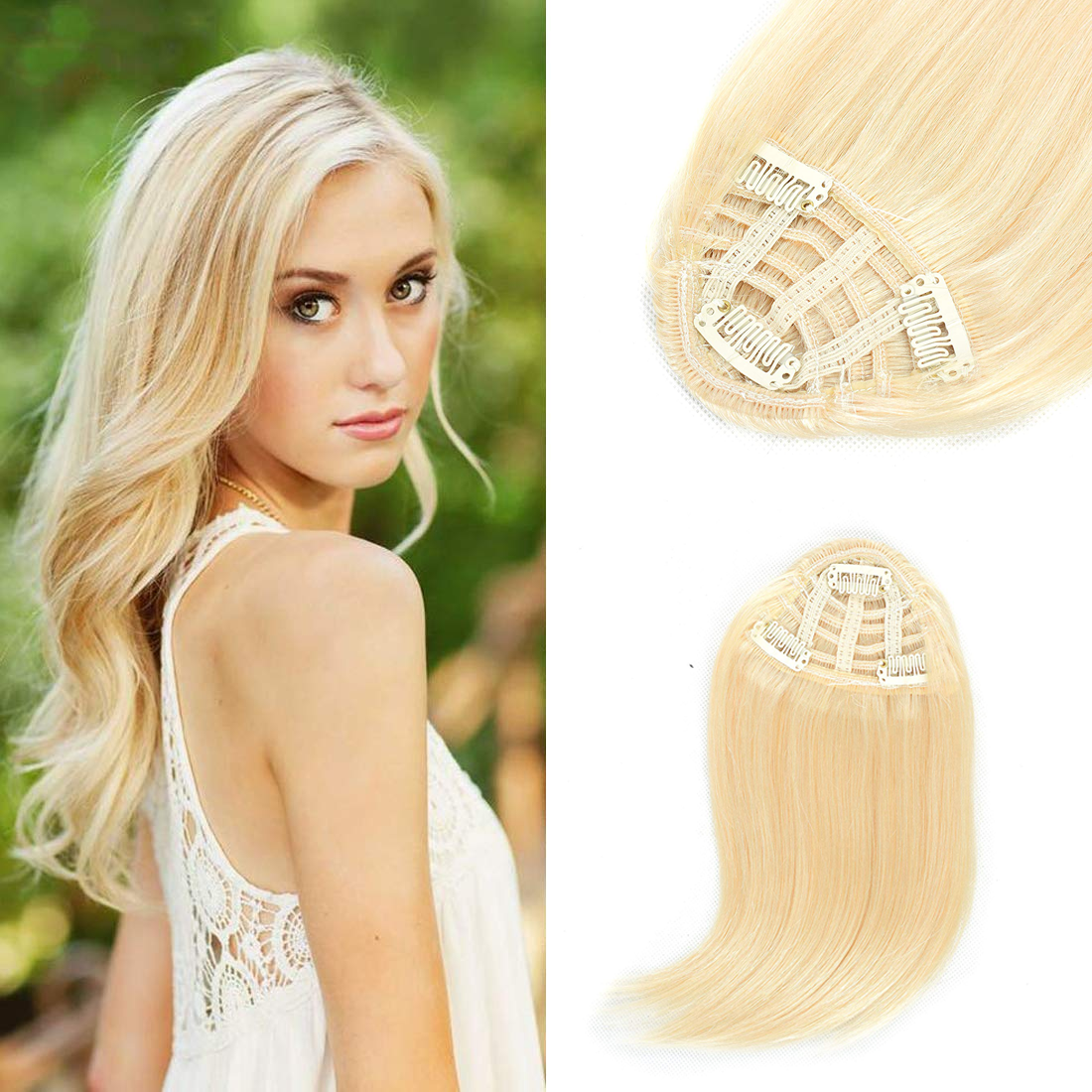 Natural Straight Hairpiece Clip in 100% Remy Human Hair Frontal Bangs ...