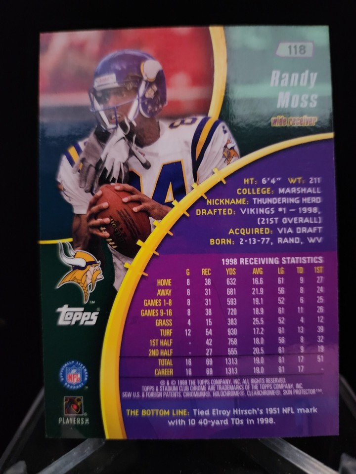 RANDY MOSS 1999 TOPPS STADIUM CLUB #118 MINNESOTA VIKINGS NFL FOOTBALL ...
