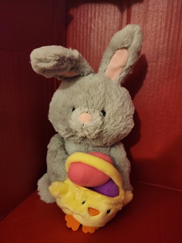 GUND Gray Easter Bunny with Baby Chick Basket w/ Colorful Easter Eggs ...