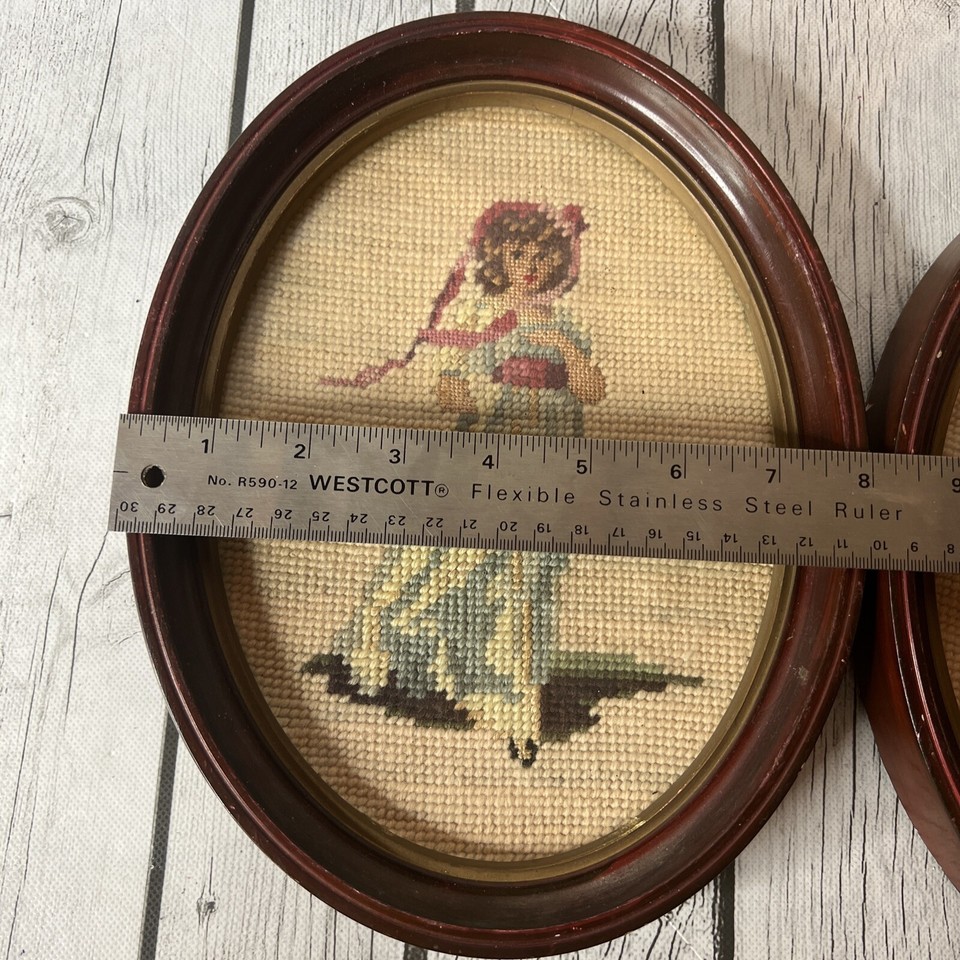 Vintage Blue Boy Needlepoint Framed Finished Oval Glass And Girl In ...