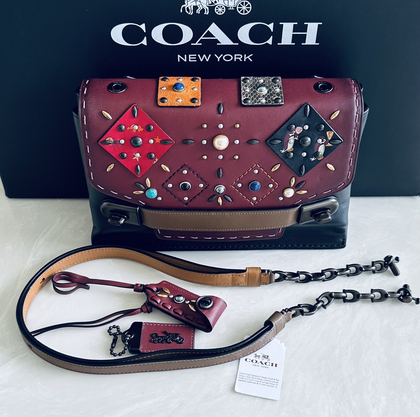COACH 1941 SWAGGER EMBELLISHED PATCHWORK PRAIRIE RIVETS CHAIN XBODY BAG ...