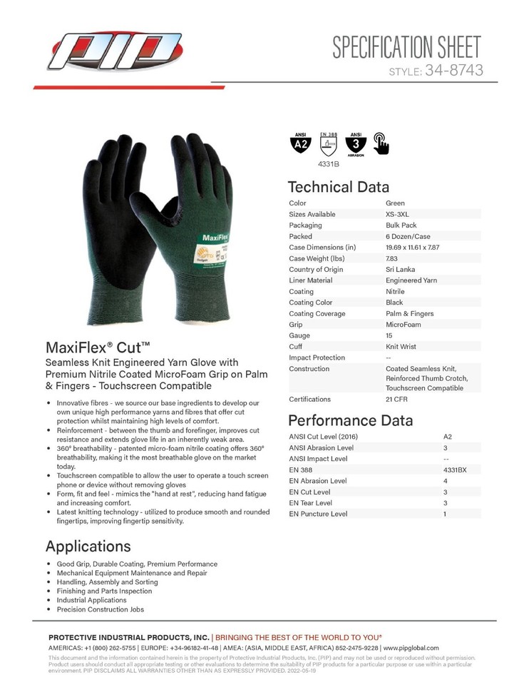 MaxiFlex 34-8743 Micro Foam Nitrile Coated ANSI A2 Cut Resistant Work ...