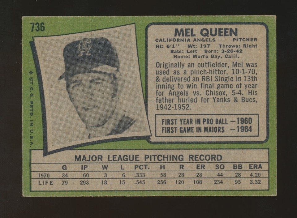 1971 Topps Baseball -#736 MEL QUEEN *SP* (California Angels) *High ...